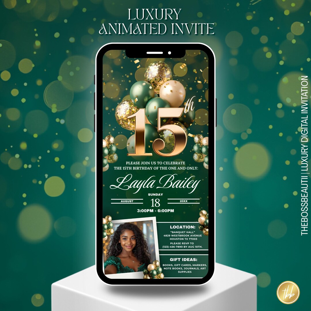 15th Luxury Green and Gold Birthday Invitation With Picture, Turning ...