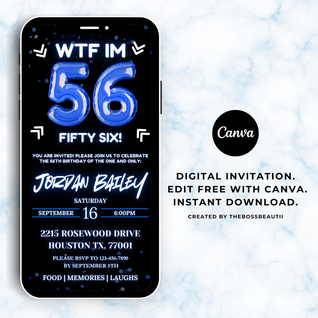 56th Blue Digital Invitation, Birthday Evite, Edit in Canva, 56th Bday ...