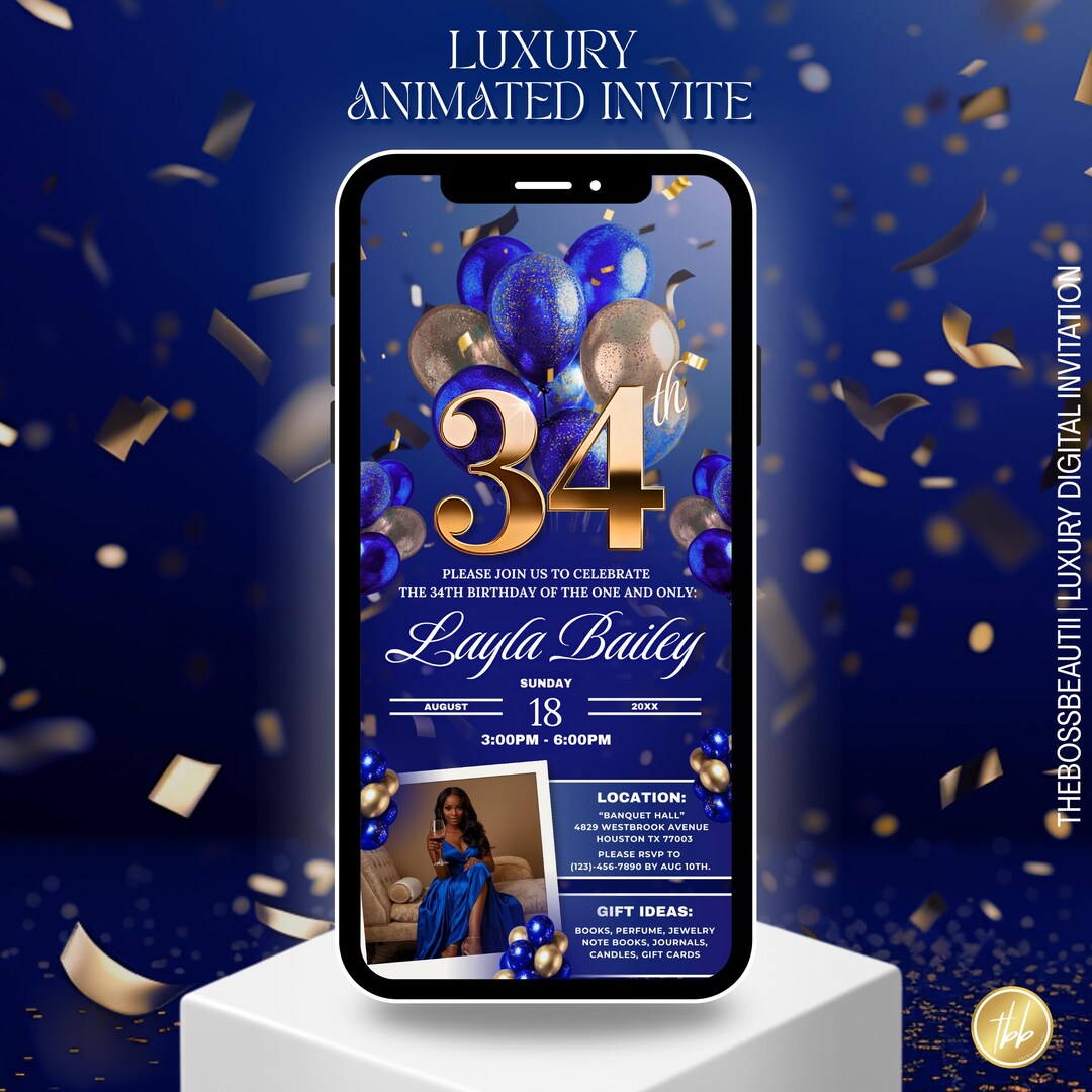 34th Luxury Blue and Gold Birthday Invitation With Picture, Turning ...