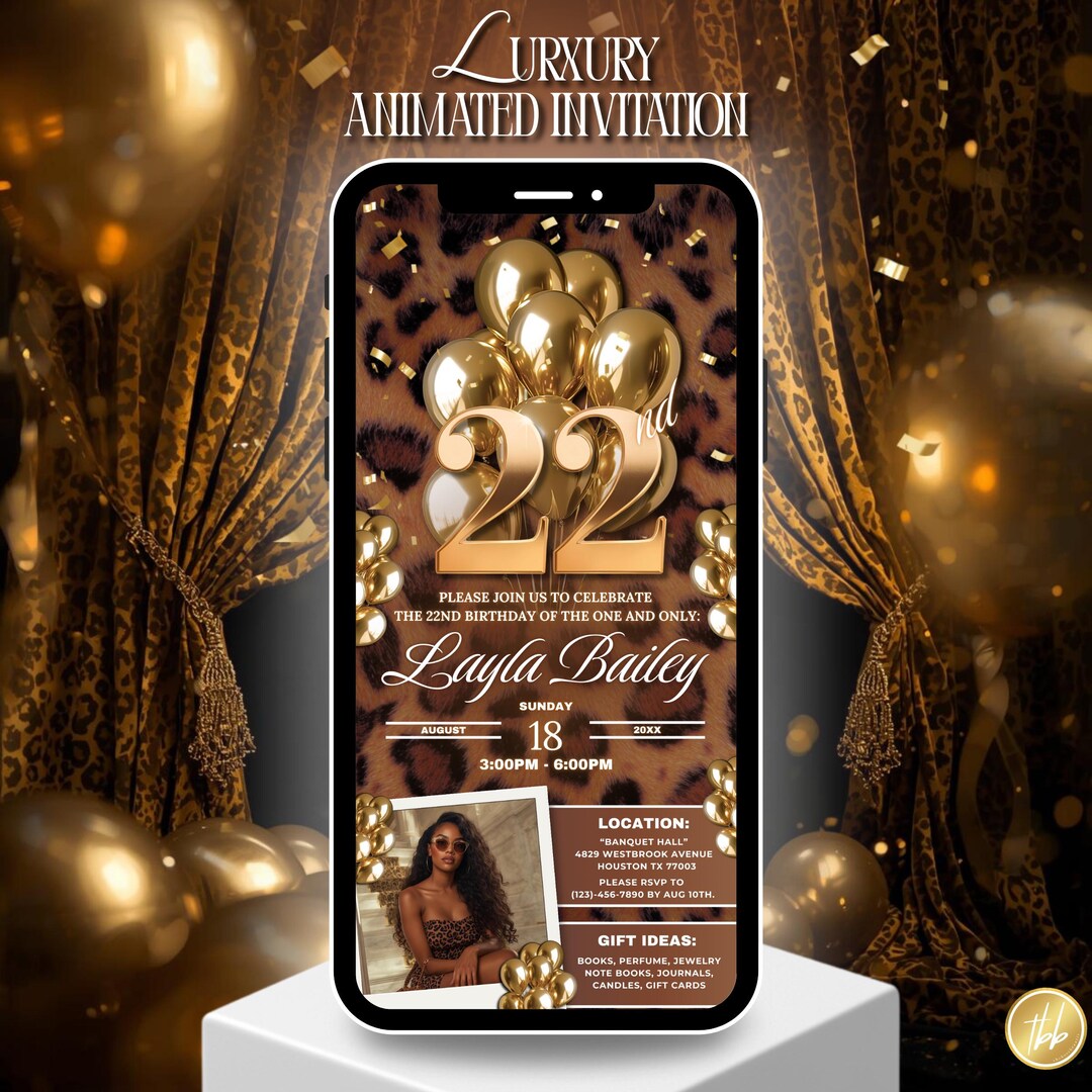 22nd Luxury Leopard Print and Gold Birthday Invitation With Picture ...