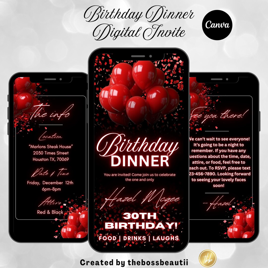 Red Birthday Dinner Digital Invitation, Birthday Evite, Edit in Canva ...