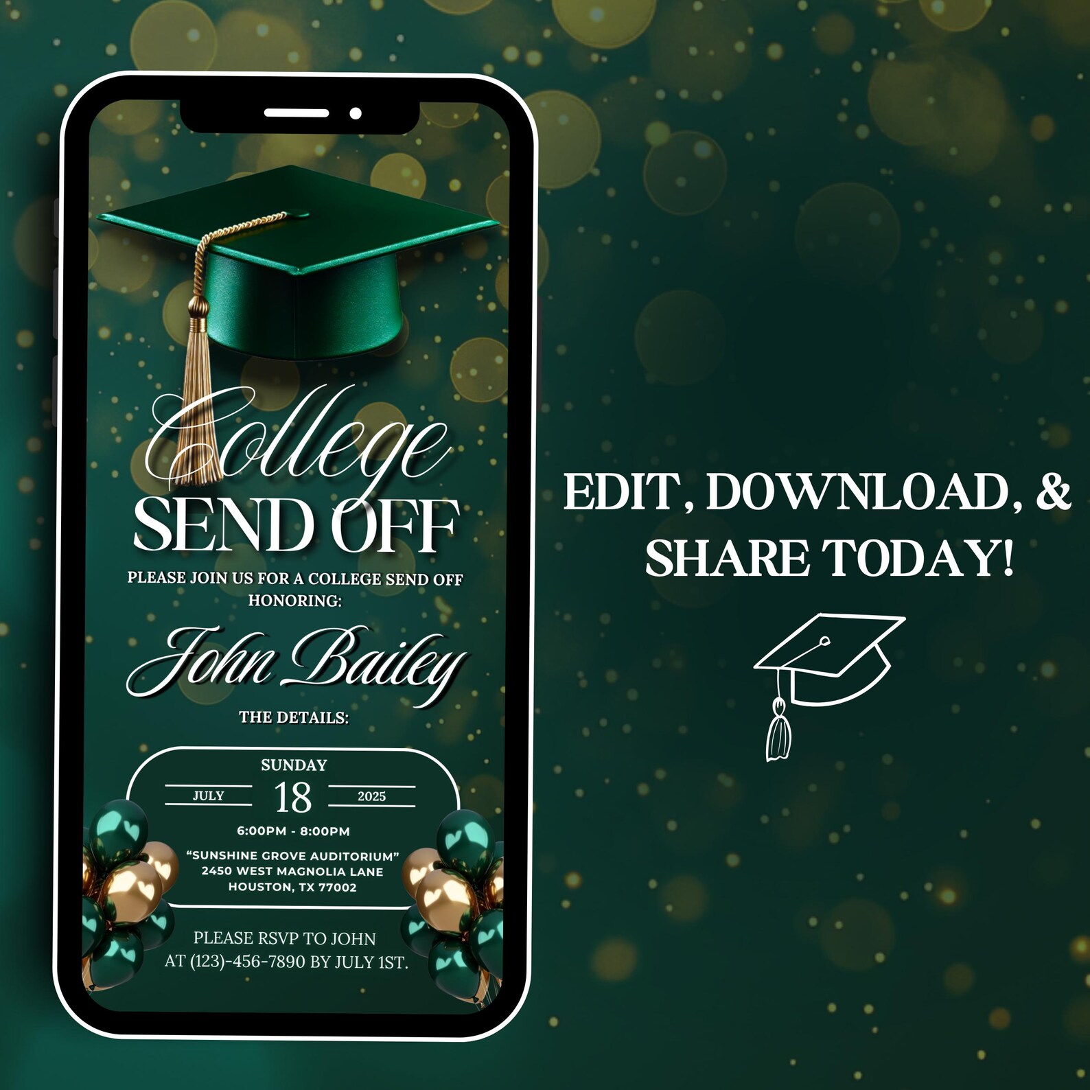 Green and Gold Luxury College Send off Digital Invitation, Graduation ...