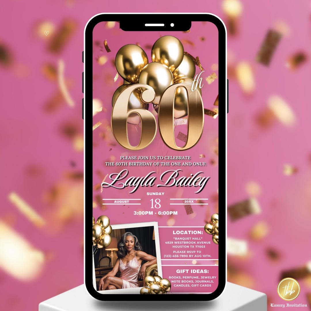 60th Luxury Pink and Gold Birthday Invitation With Picture, She's ...