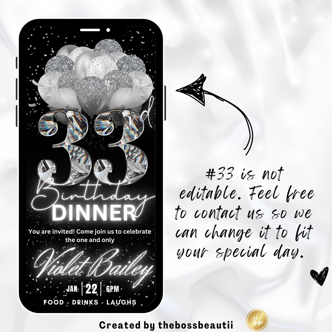 33rd Silver Birthday Dinner Digital Invitation, 33rd Birthday Evite ...
