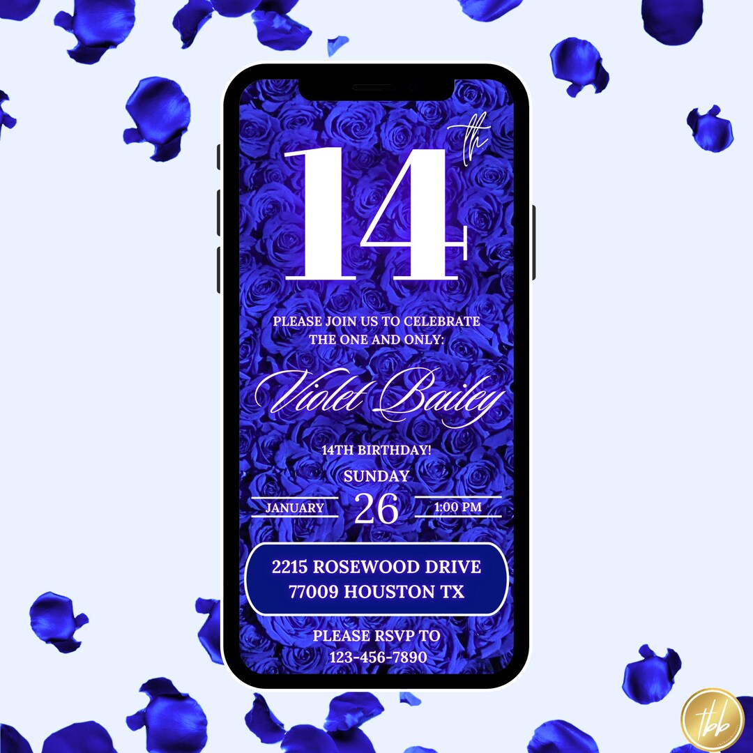 14th Blue Rose Birthday Digital Invitation, Birthday Party Evite . 14 ...