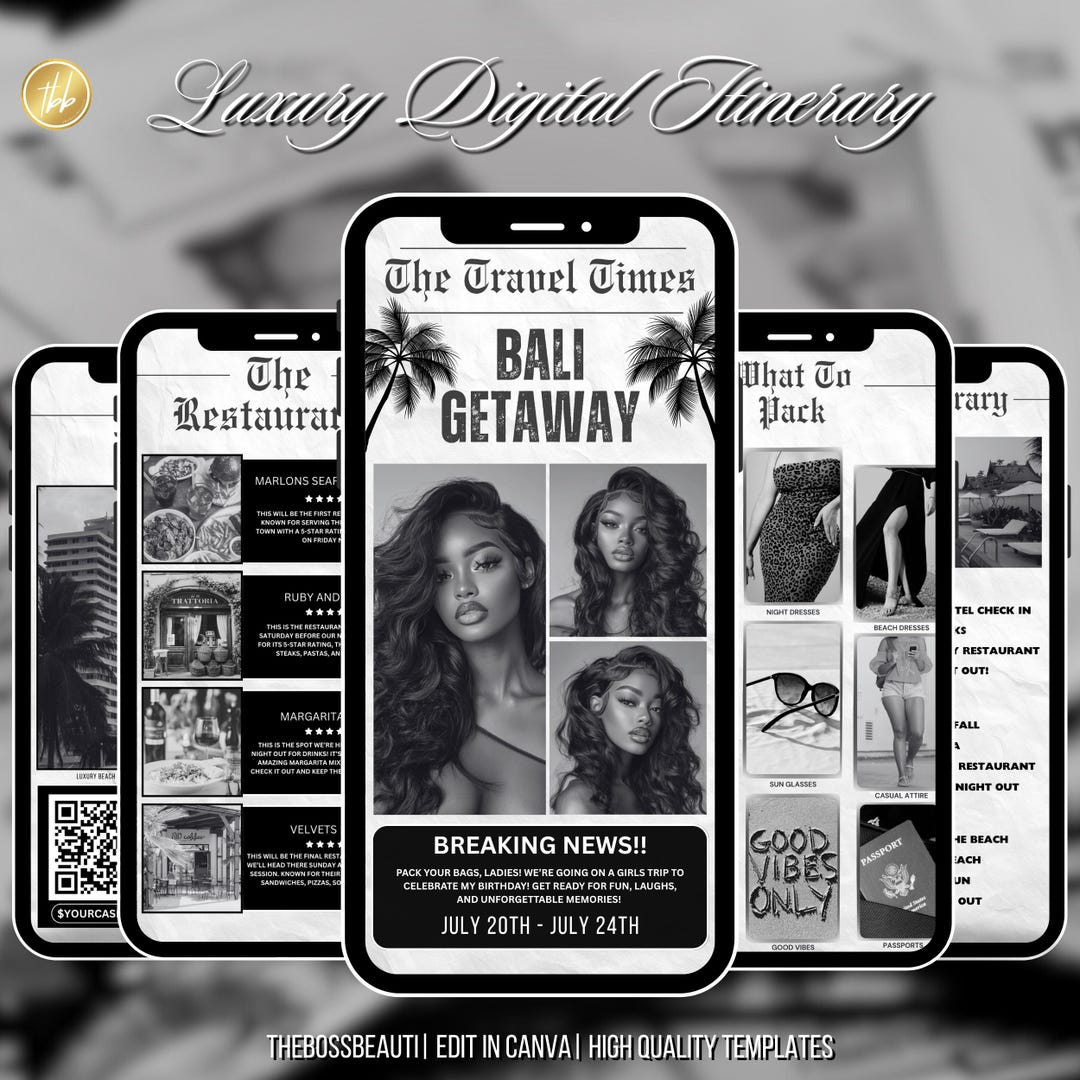 Bali Newspaper Itinerary Invitation, Birthday Girl, Editable Template ...