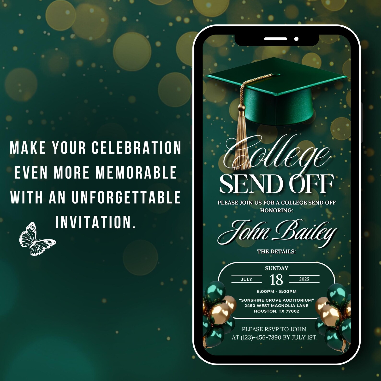 Green and Gold Luxury College Send off Digital Invitation, Graduation ...