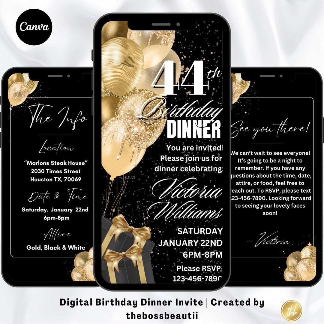 44th Gold Birthday Dinner Digital Invitation, 44th Birthday Evite ...