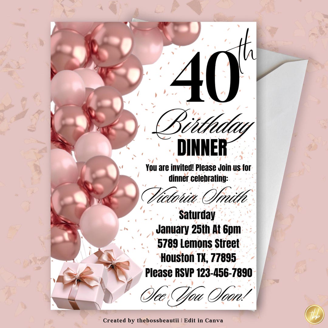 40th Birthday Party Invitation, Pink and Rose Gold Invite , Edit in Canva, Bday Party Evite ...