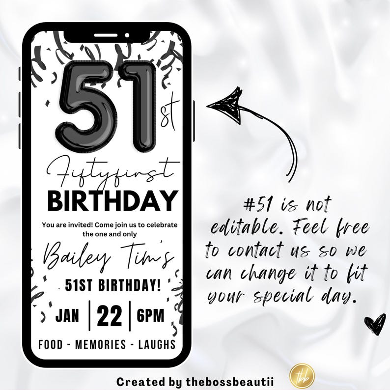 51st Black and White Birthday Party/dinner Digital Invitation, 51st ...