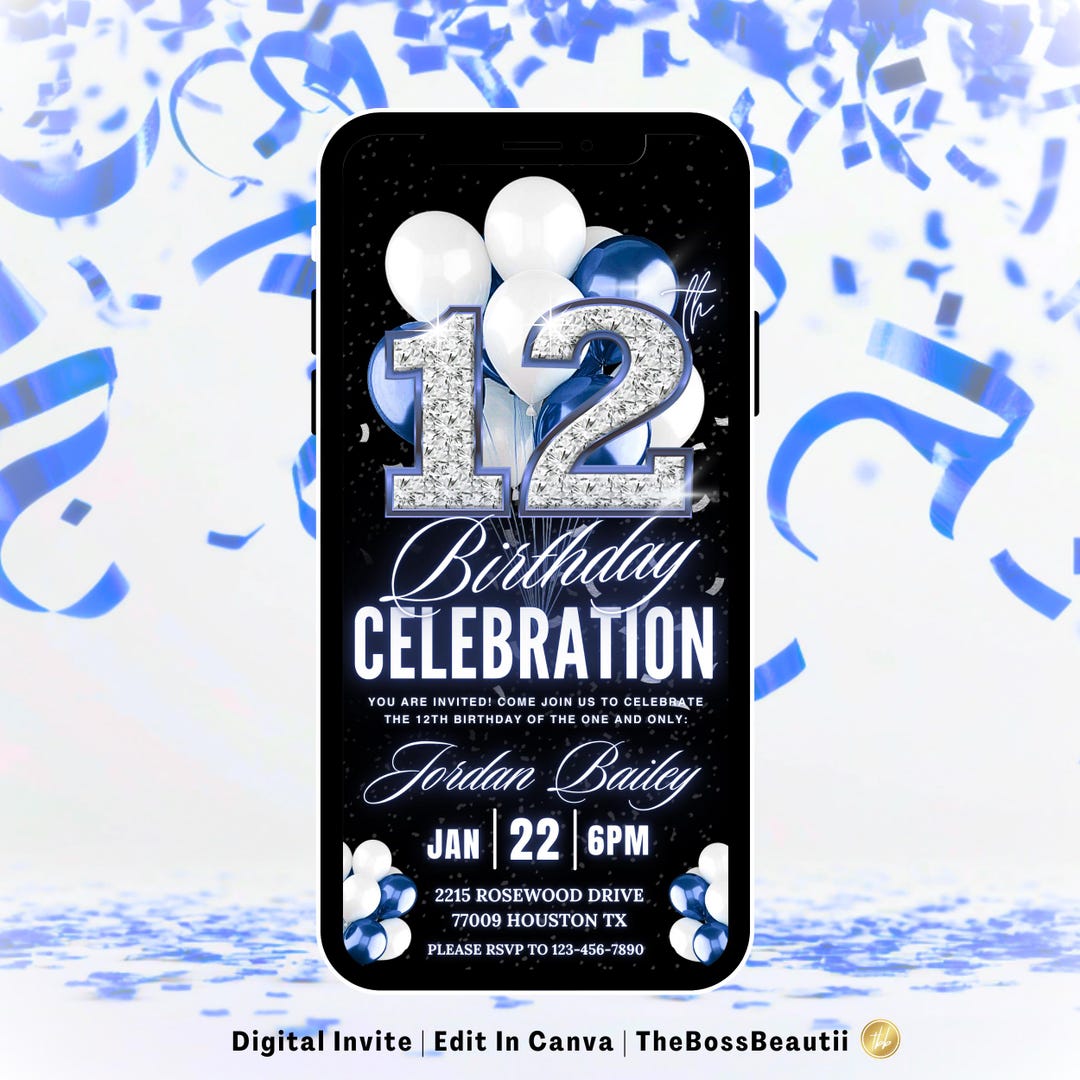 12th Luxury Diamond Navy Blue and White Birthday Party/dinner Digital ...