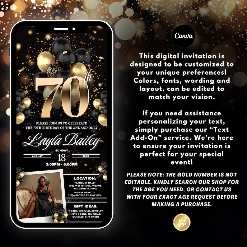 70th Luxury Black and Gold Birthday Invitation With Picture, Turning ...