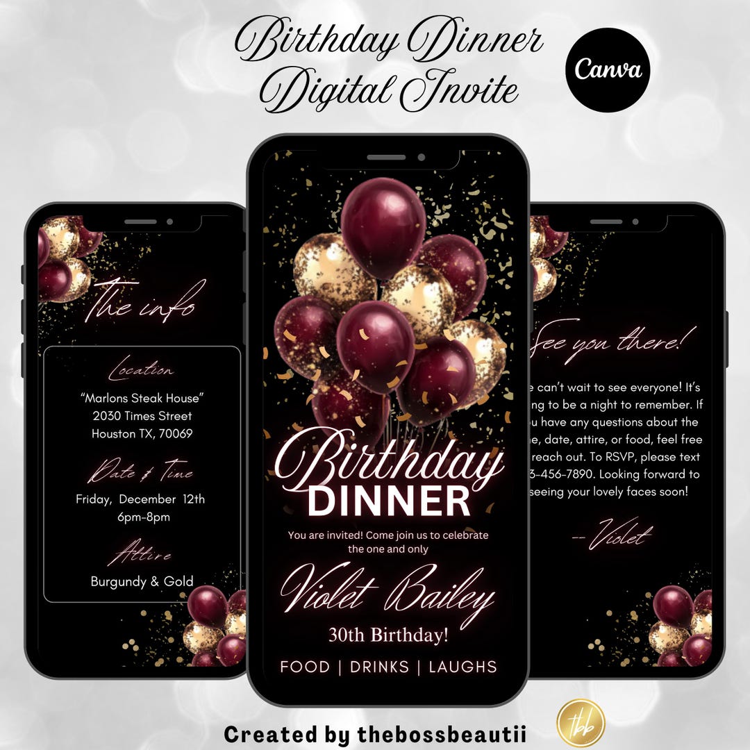 Burgundy and Gold Birthday Dinner Digital Invitation, Birthday Flyer ...
