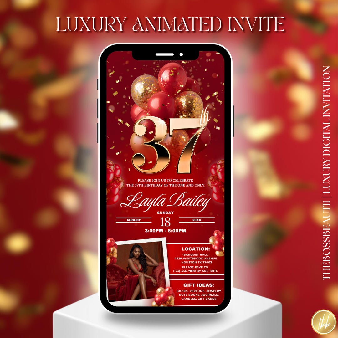 37th Luxury Red and Gold Birthday Invitation With Picture, Turning ...