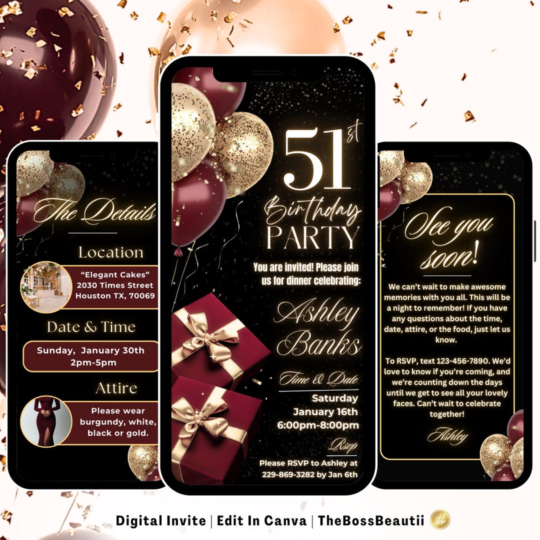 51st Burgundy and Gold Birthday Dinner Digital Invitation, 51st Bday ...