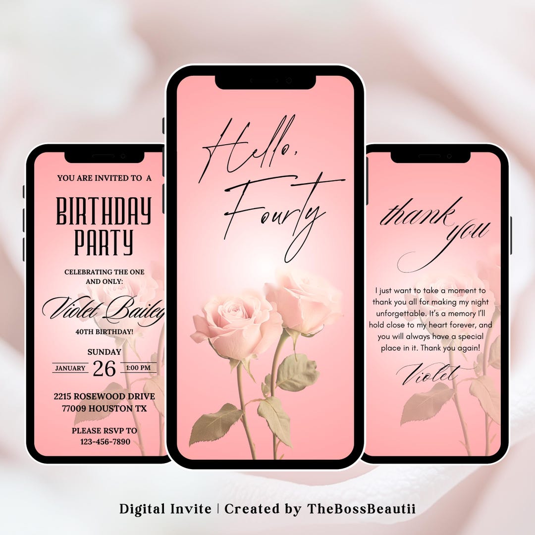 40th Birthday Party Digital Invite, Pink Digital Invite Template ...