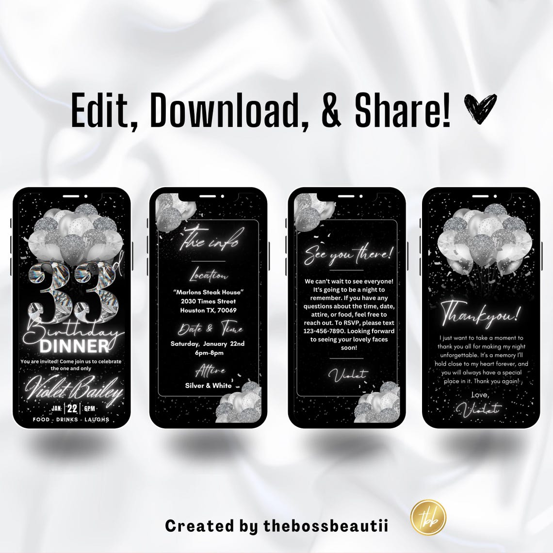 33rd Silver Birthday Dinner Digital Invitation, 33rd Birthday Evite ...
