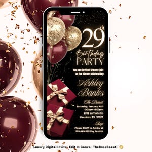 29th Burgundy and Gold Birthday Dinner Digital Invitation, 29 Bday ...