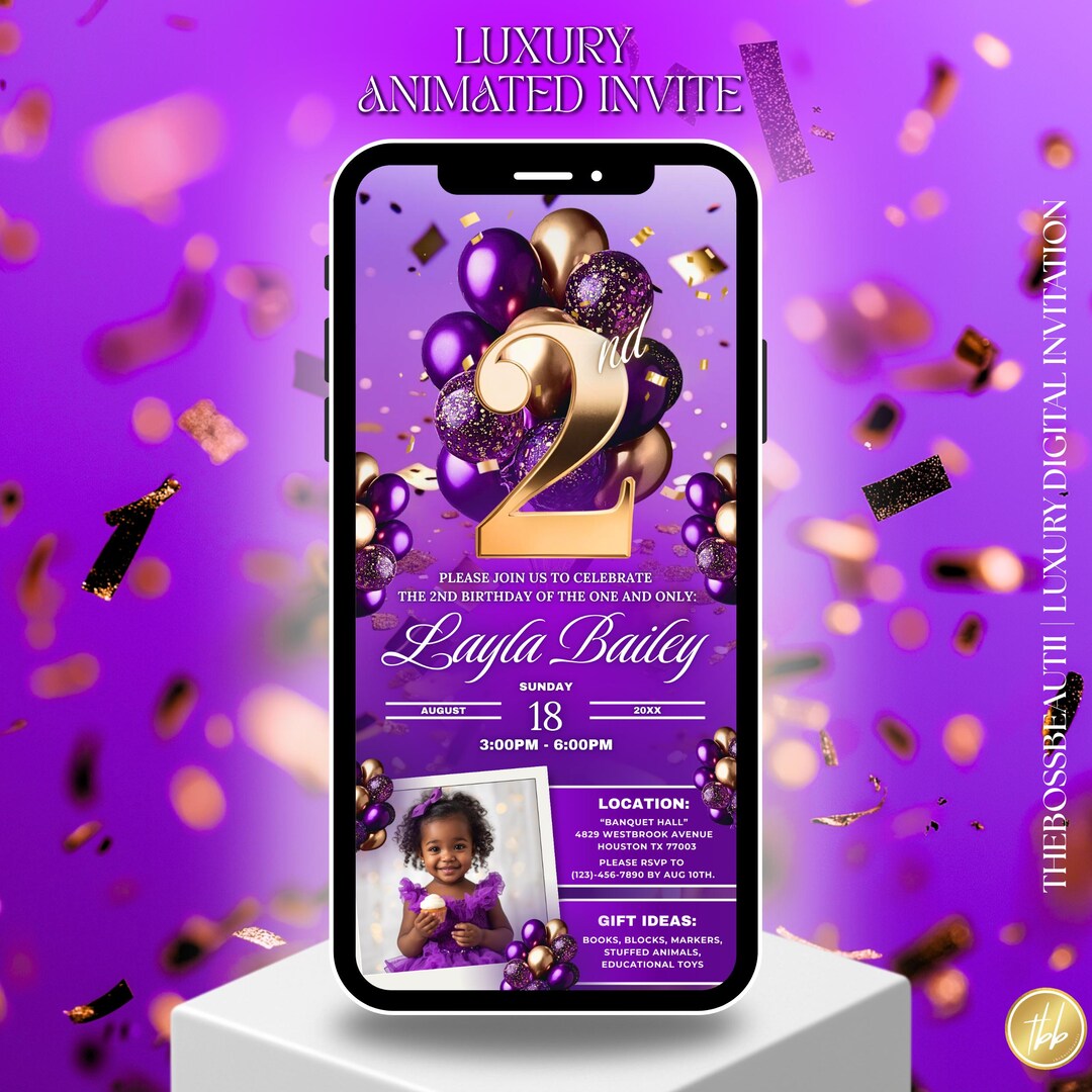 2nd Purple and Gold Birthday Invitation With Picture, Turning Two, for ...