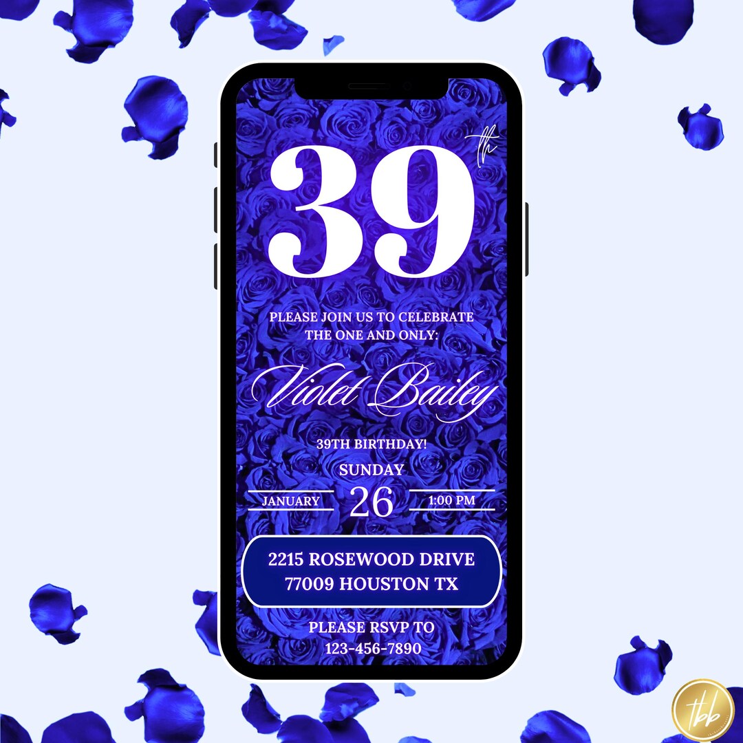39th Blue Rose Birthday Digital Invitation, Birthday Party Evite . 39 ...
