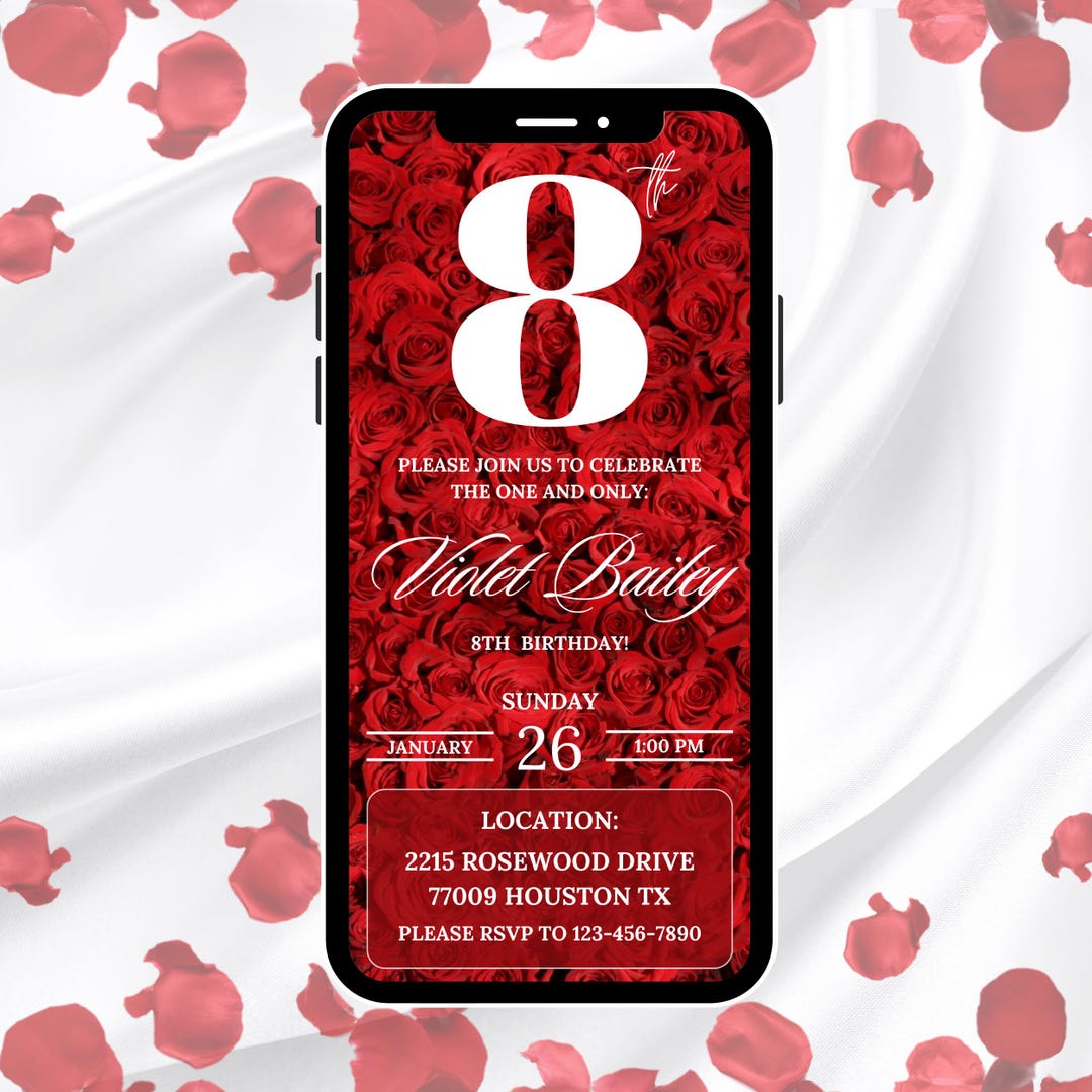 8th Red Rose Birthday Digital Invitation, Elegant Floral Birthday Evite ...