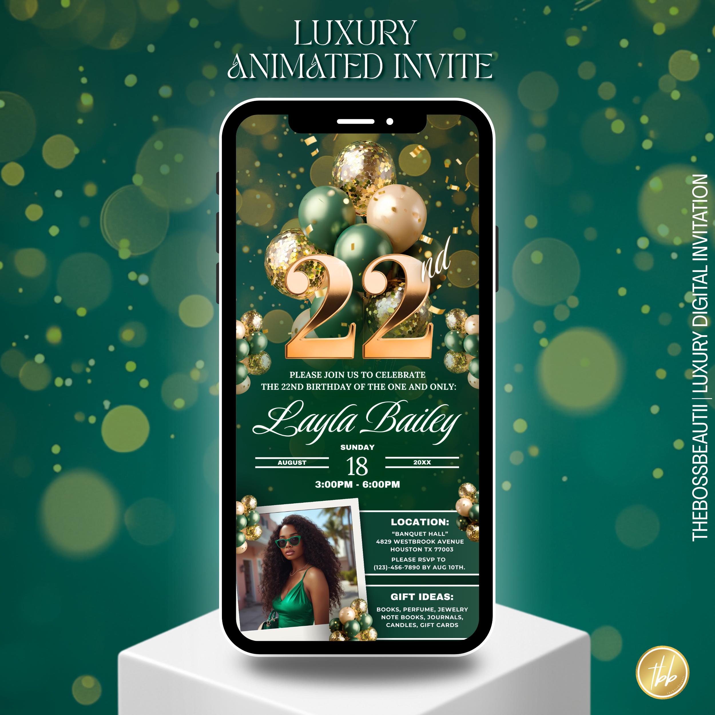 22nd Luxury Green and Gold Birthday Invitation With Picture, Turning ...