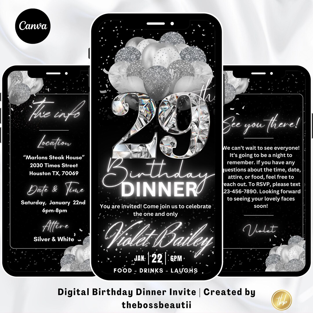 29th Silver Birthday Dinner Digital Invitation, 29th Birthday Evite ...