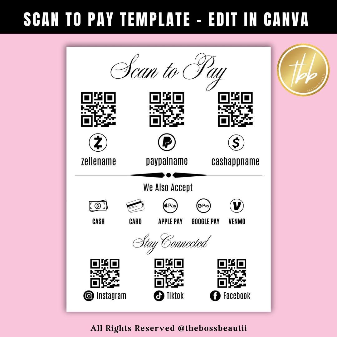 Scan to Pay, Pink Scan to Pay Template, QR Code Payment, Printable Sign ...
