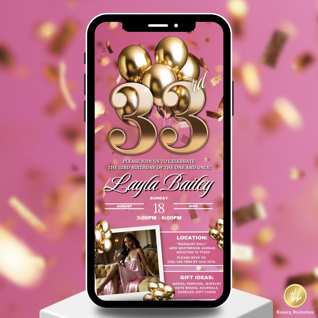 33rd Luxury Pink and Gold Birthday Invitation With Picture, She's ...