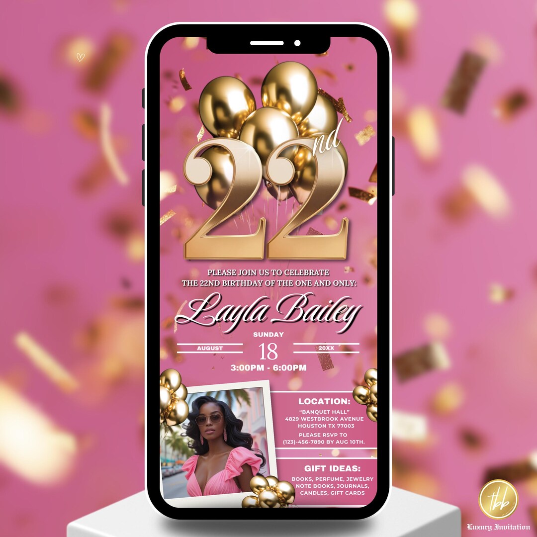 22nd Luxury Pink and Gold Birthday Invitation With Picture, She's ...