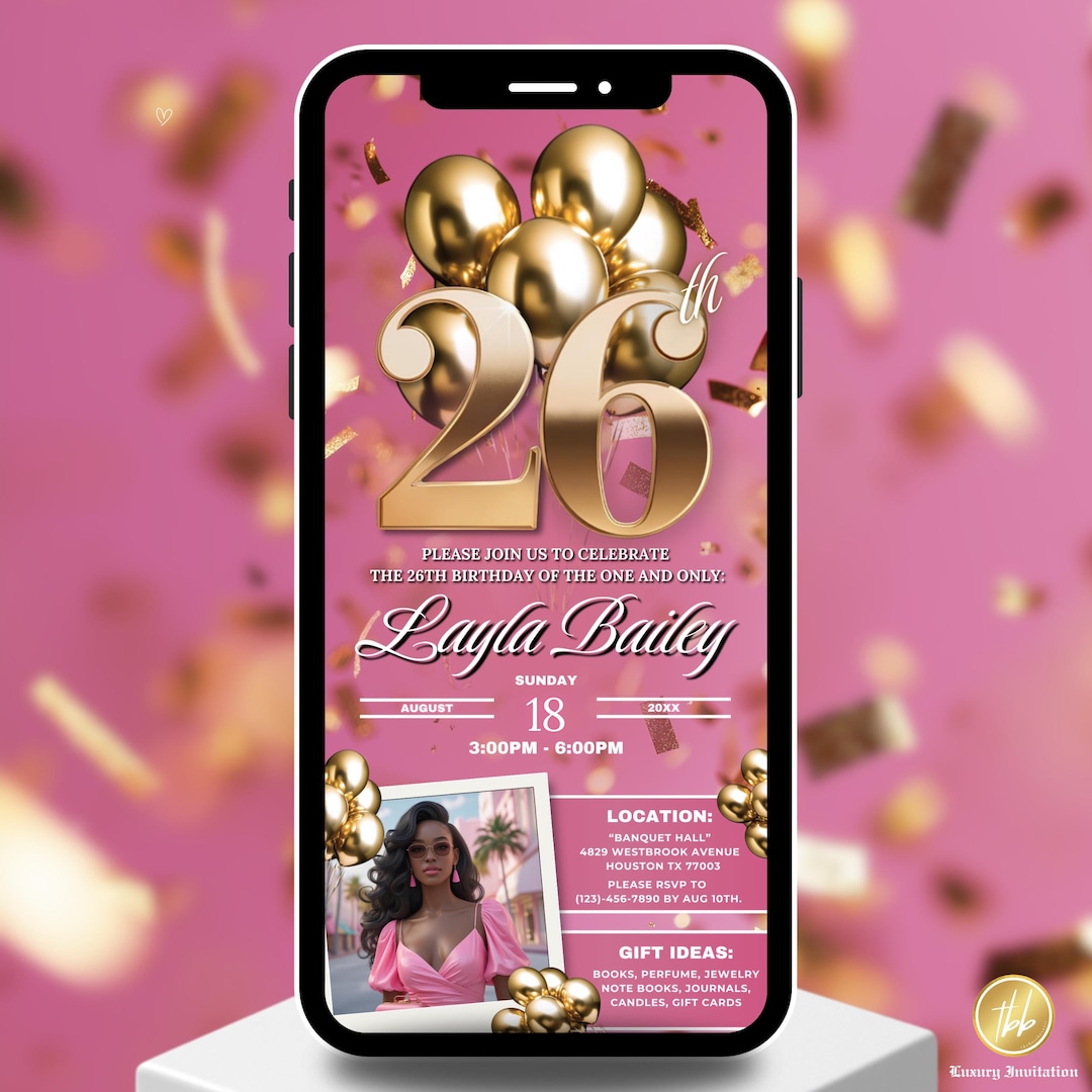 26th Luxury Pink and Gold Birthday Invitation With Picture, She's ...
