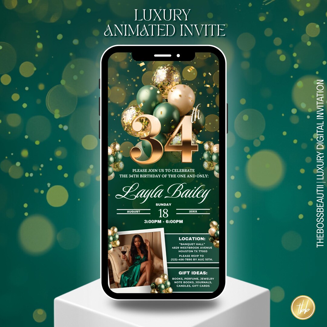 34th Luxury Green and Gold Birthday Invitation With Picture, Turning ...