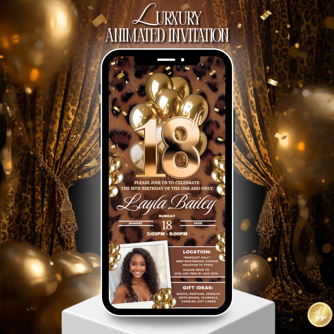 18th Luxury Leopard Print and Gold Birthday Invitation With Picture ...