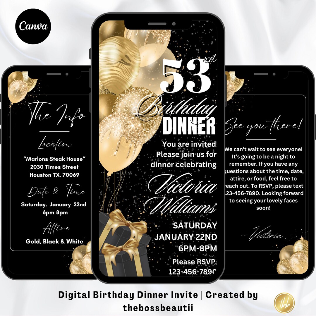 53rd Gold Birthday Dinner Digital Invitation, 53rd Birthday Evite ...