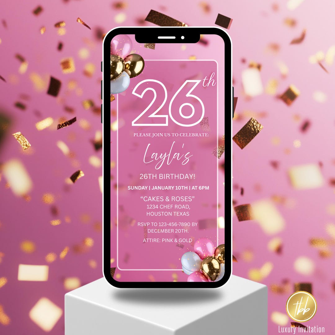 26th Pink and Gold Birthday Dinner Digital Invitation, Birthday Evite ...