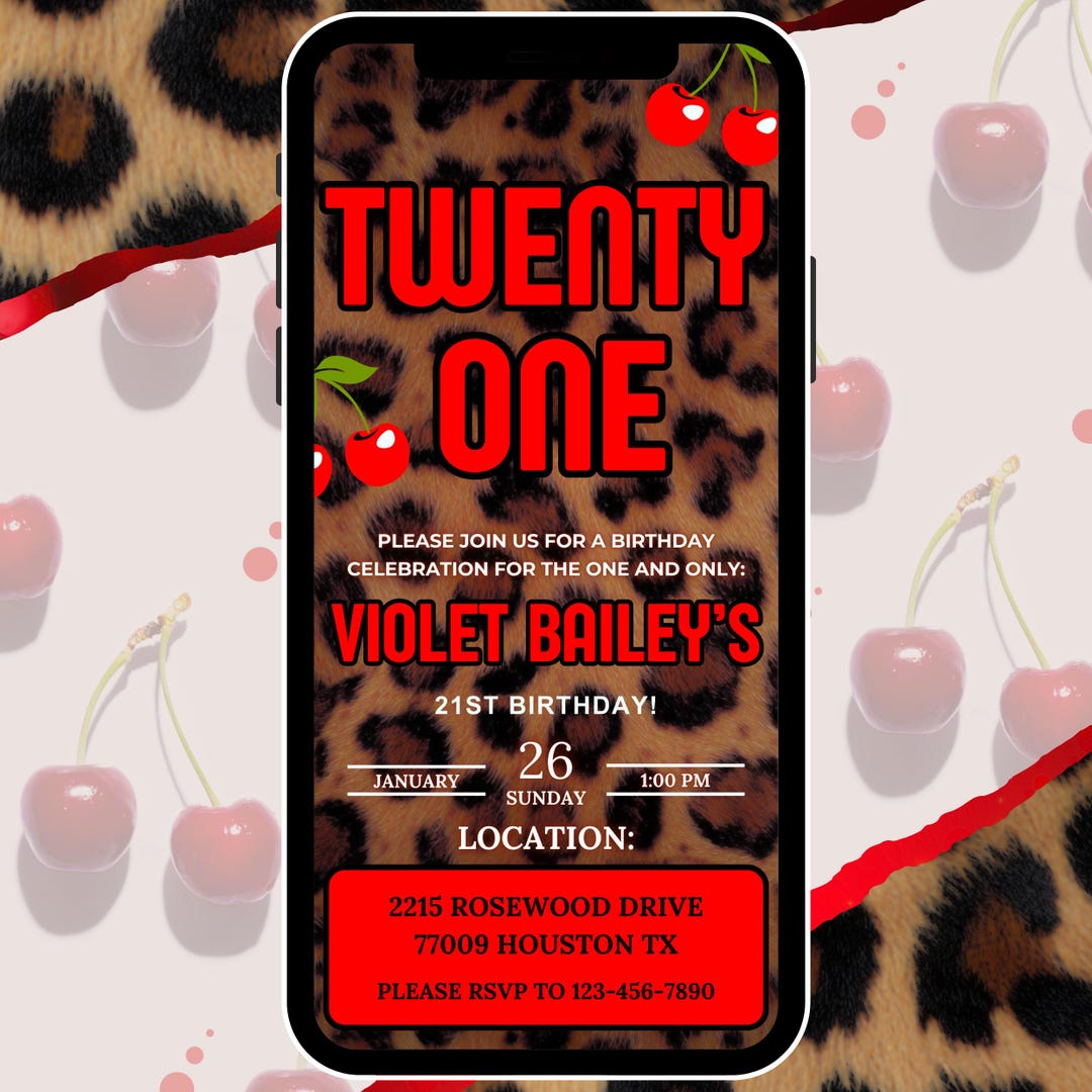 21st Red Cherry Leopard Print Birthday Digital Invitation, Cheetah ...