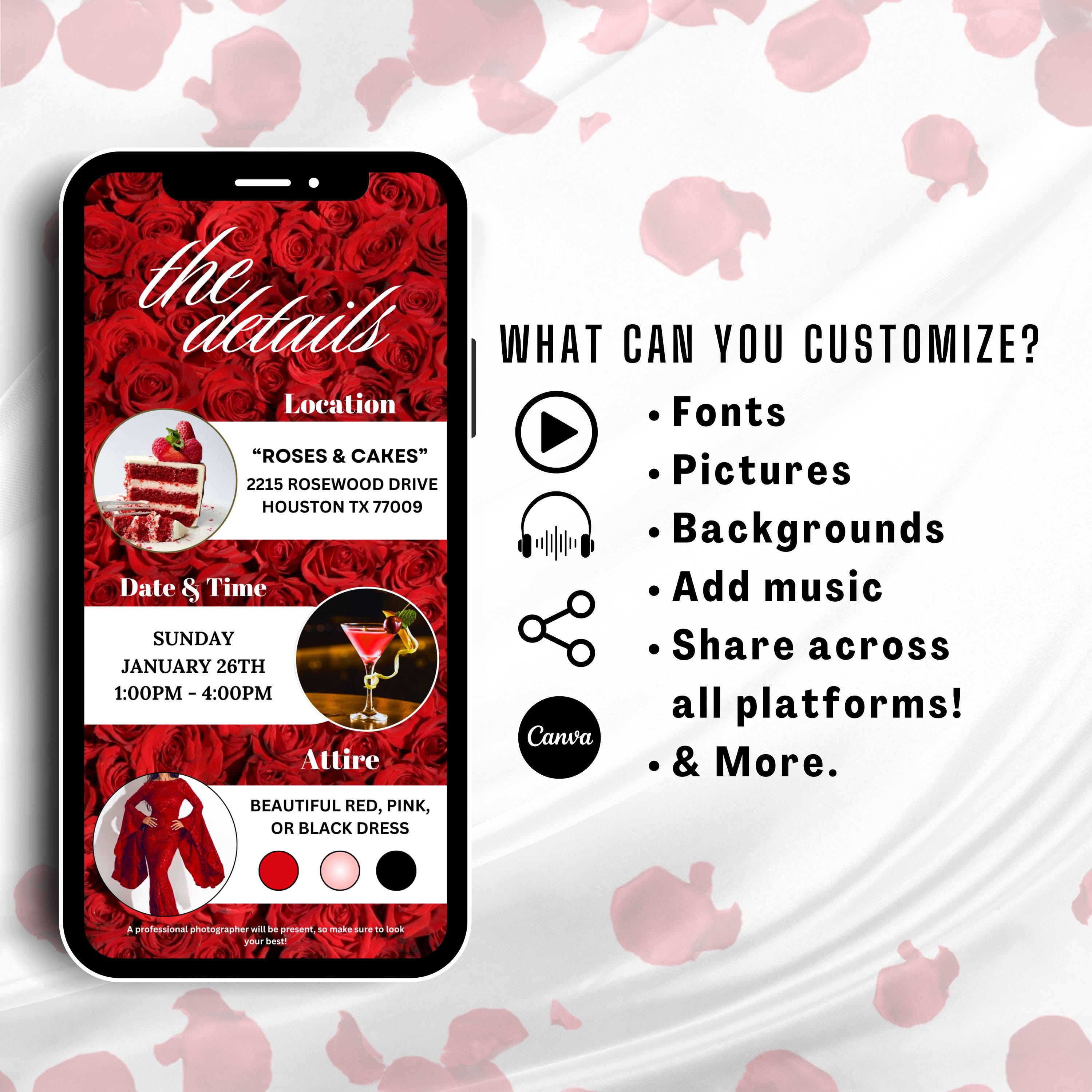 50th Red Rose Birthday Digital Invitation, Elegant Floral Birthday ...