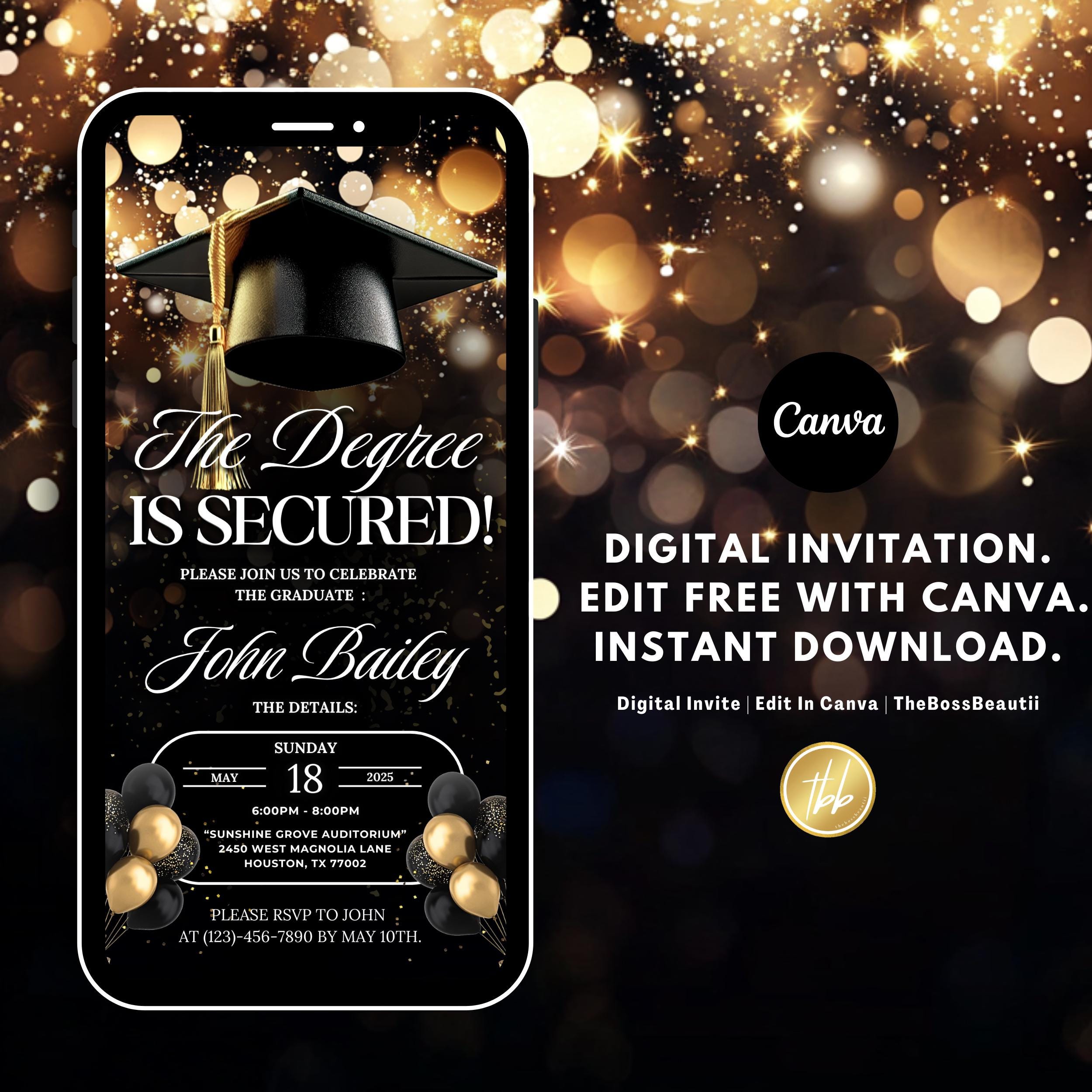 Black and Gold Luxury Graduation Digital Invitation, Graduation Party ...