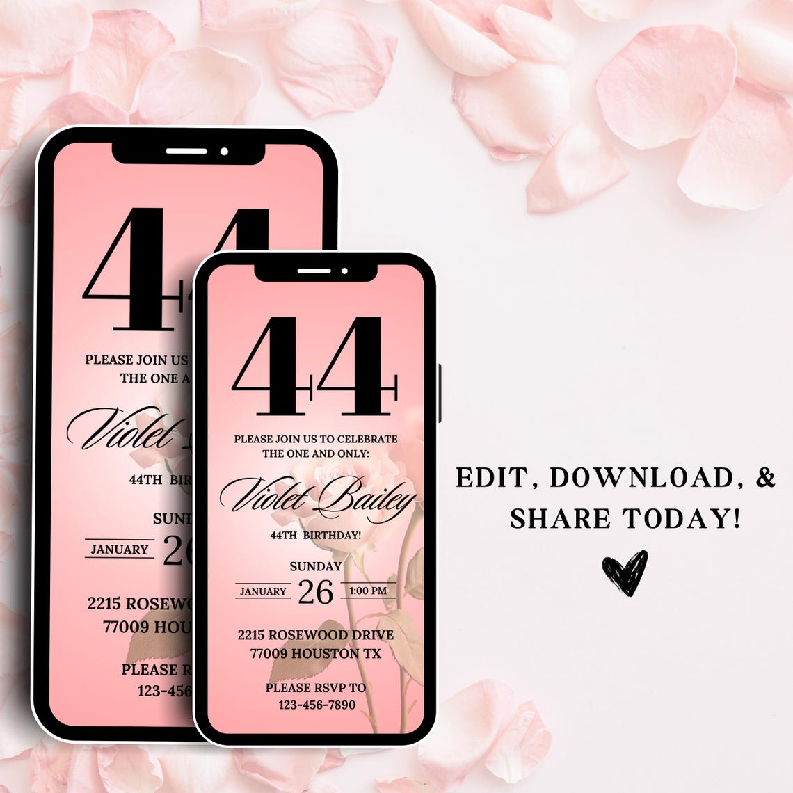 44th Pink Birthday Dinner Digital Invitation, Elegant Birthday Evite ...