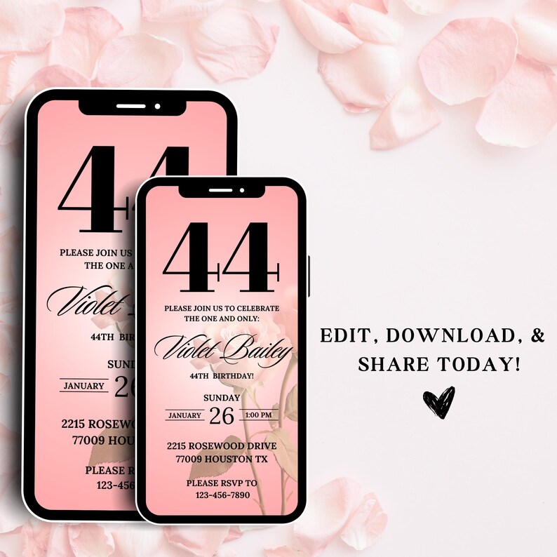 44th Pink Birthday Dinner Digital Invitation, Elegant Birthday Evite ...