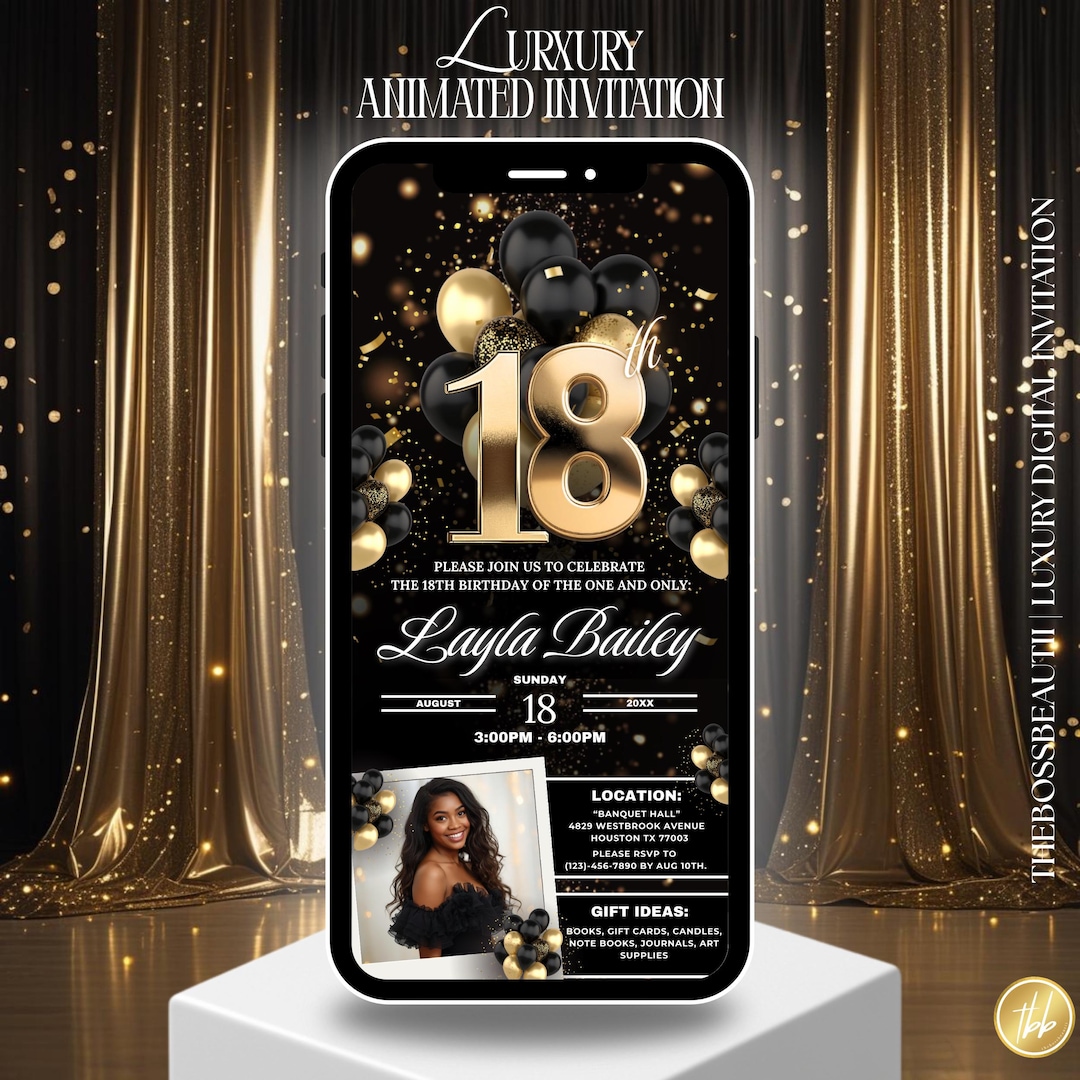 18th Luxury Black and Gold Birthday Invitation With Picture, Turning ...