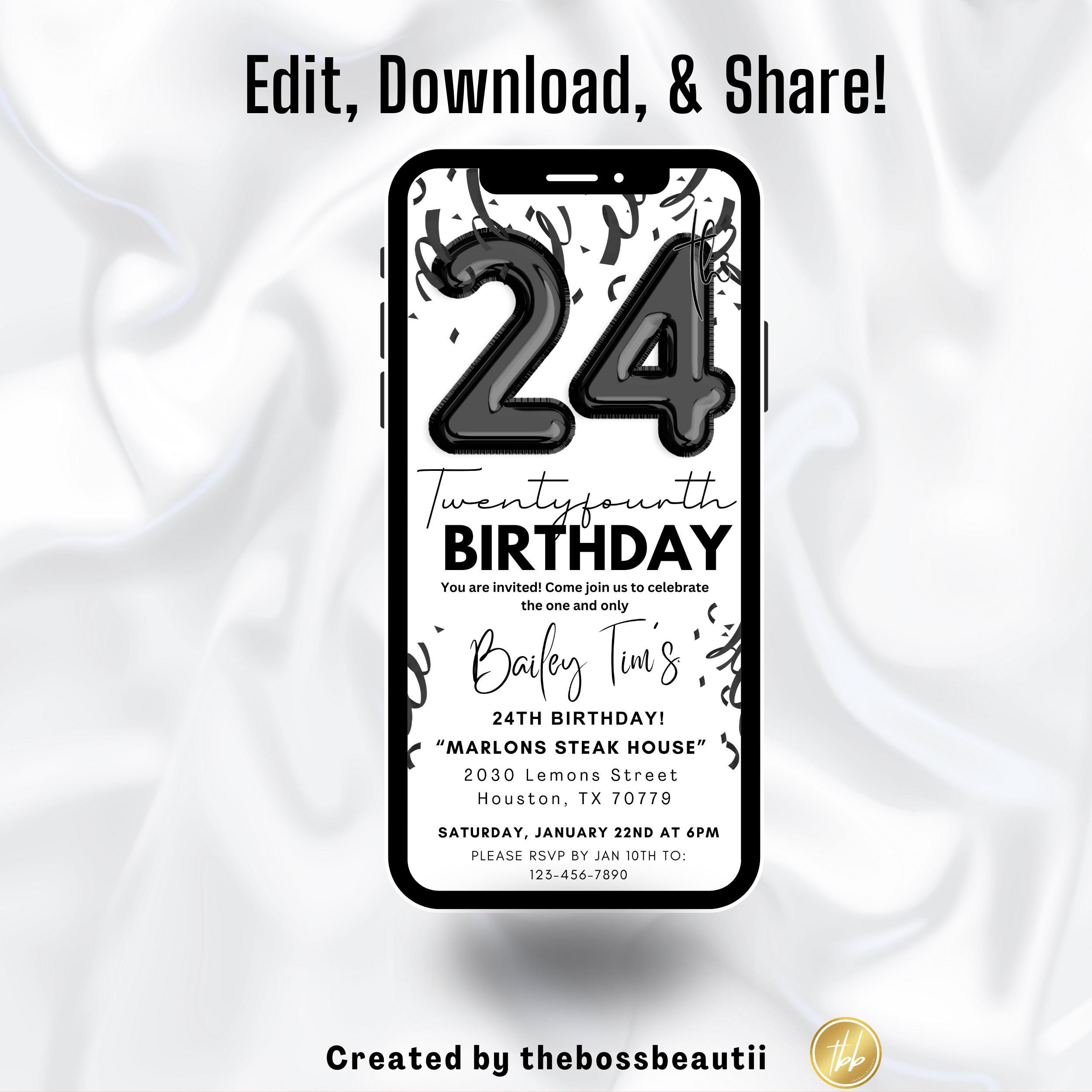 24th Black and White Birthday Party/dinner Digital Invitation, 24th ...