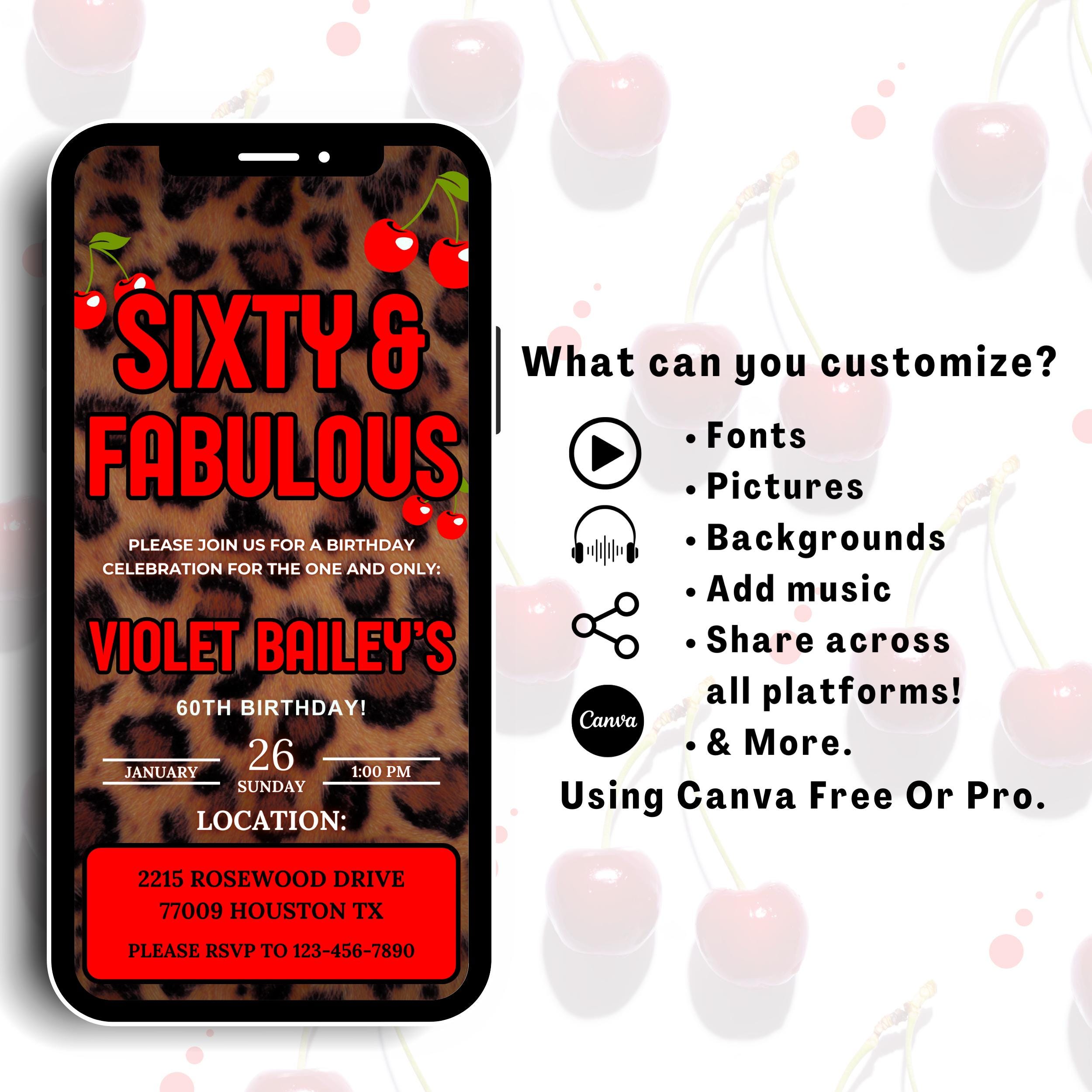 60th Red Cherry Leopard Print Birthday Digital Invitation, Cheetah ...