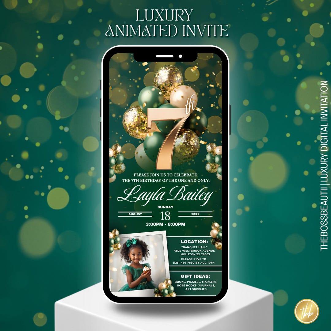 7th Luxury Green and Gold Birthday Invitation With Picture, Turning ...