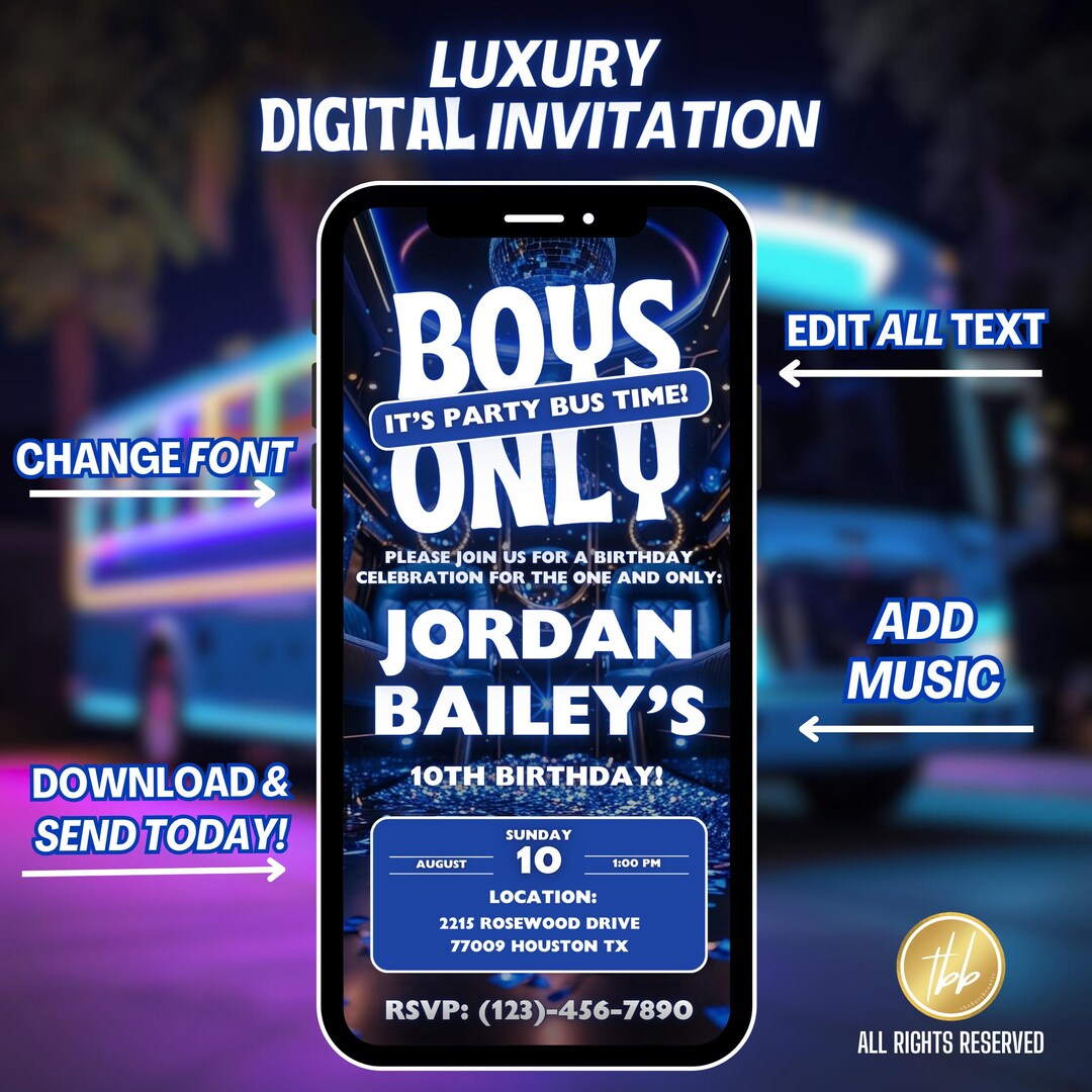 Blue Party Bus Invitation, Invitation for Boys Only, Cool Invite, Party ...