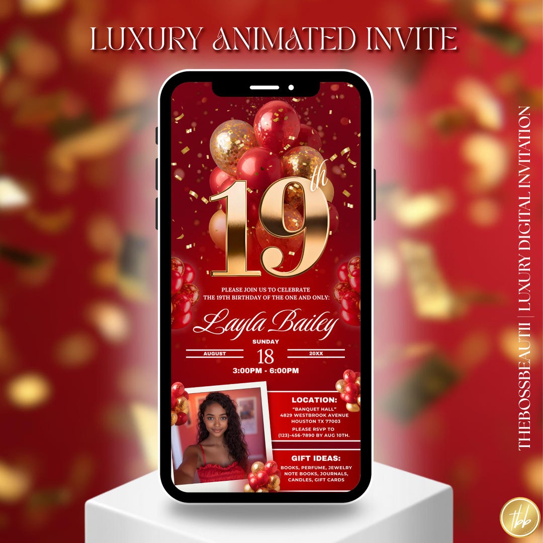 19th Luxury Red and Gold Birthday Invitation With Picture, She's ...