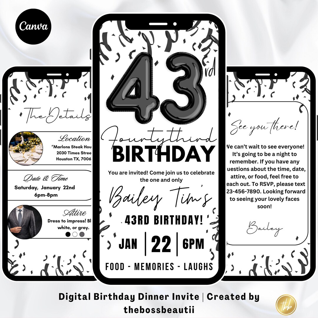 43rd Black and White Birthday Party/dinner Digital Invitation, 43rd ...