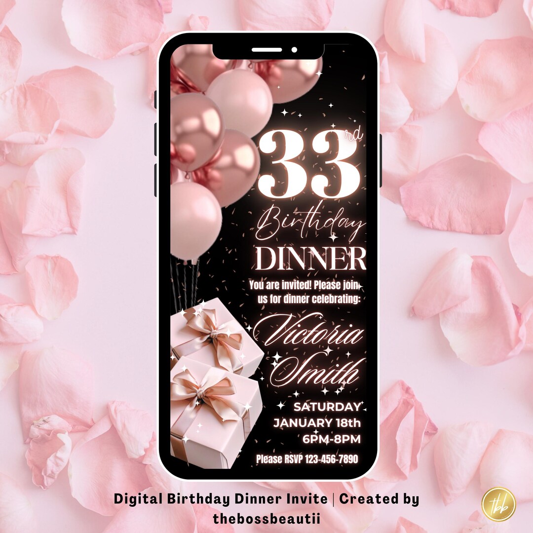 33rd Pink Birthday Dinner Digital Invitation, 33 Birthday Evite, Edit ...