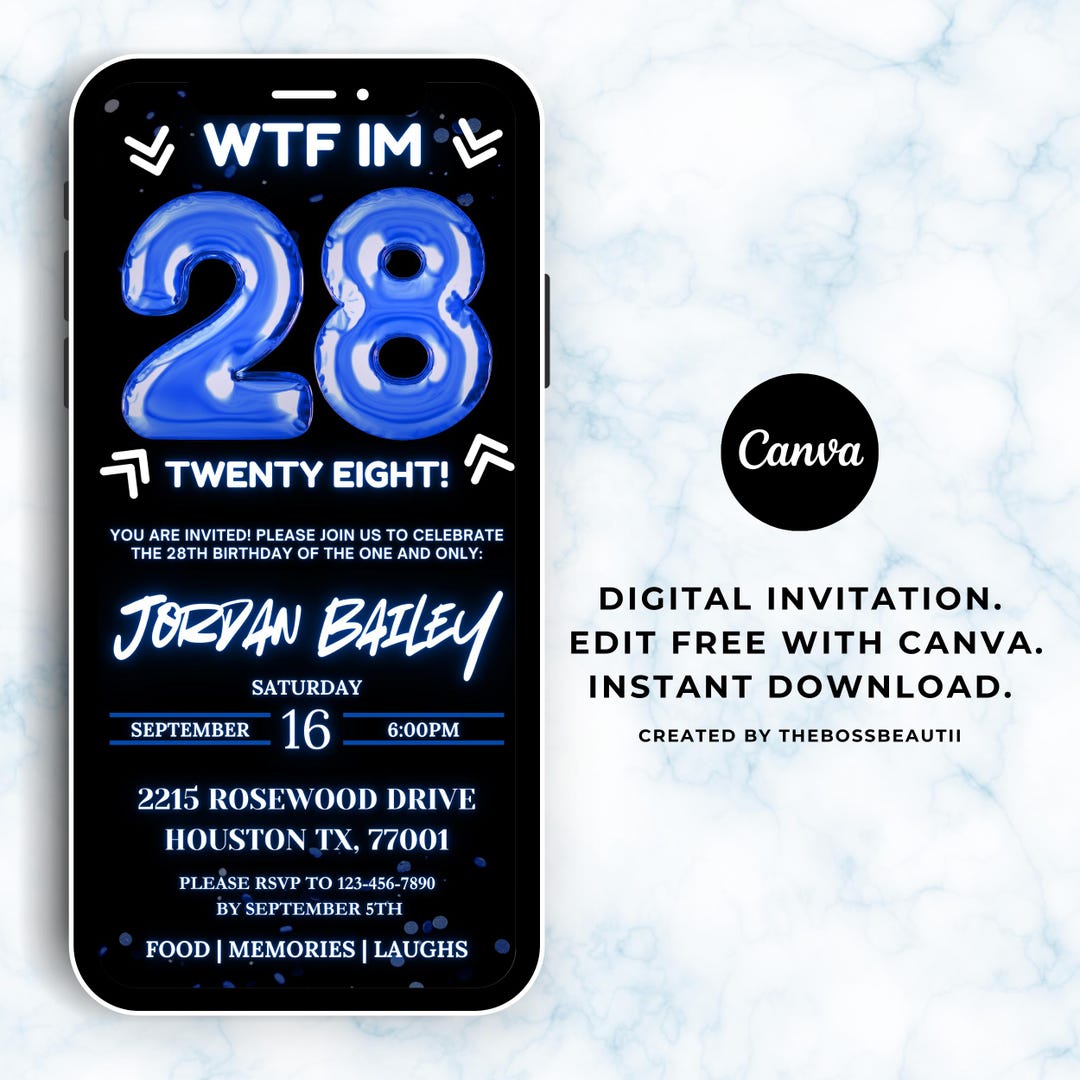 28th Blue Digital Invitation, Birthday Evite, Edit in Canva, 28th Bday ...