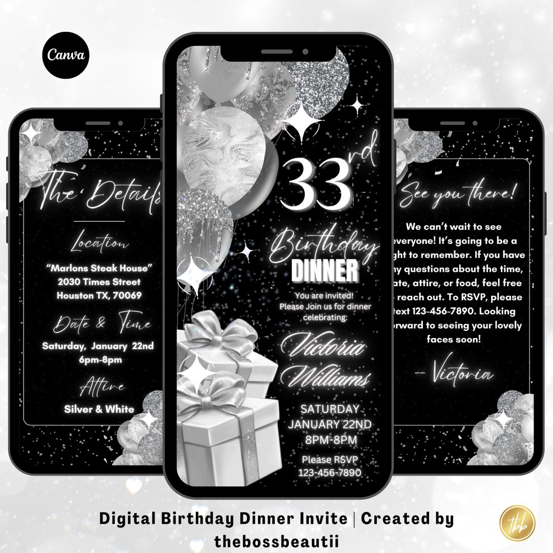 33rd Silver and Black Birthday Dinner Digital Invitation, 33rd Birthday ...